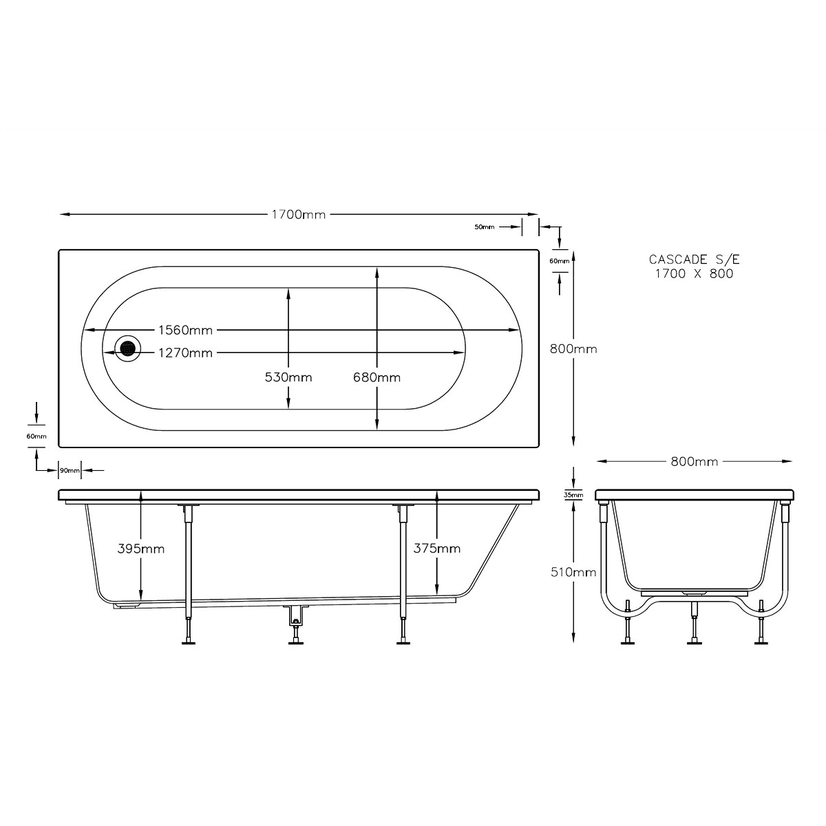 Trojancast Cascade Reinforced | 1700 x 800 | Single Ended Bath