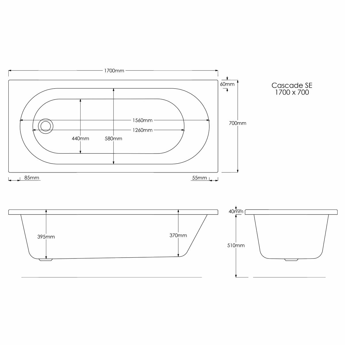 Trojan Cascade 1700 x 700 | 12 Jet Heated Air Spa Bath | Single Ended Bath