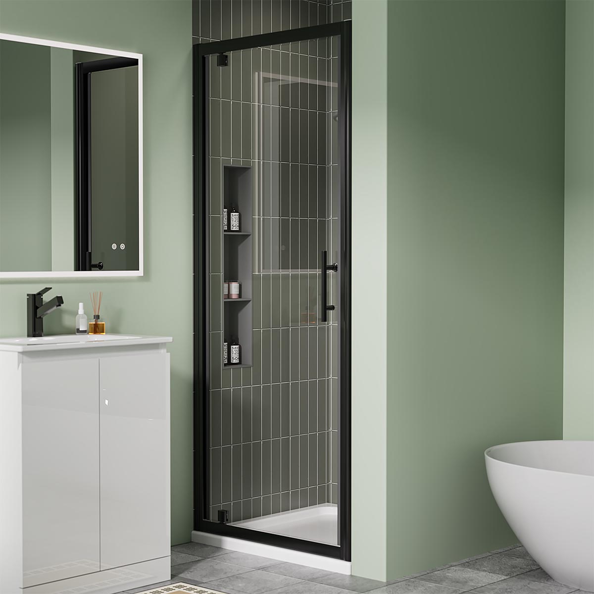 Coral 6mm Matt Black Pivot Shower Door with Optional Side Panel & Tray