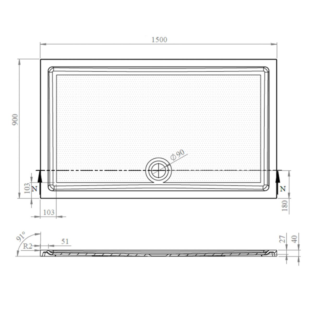 Davenport Anti Slip Slimline Rectangular Shower Tray White 1500 x 900mm