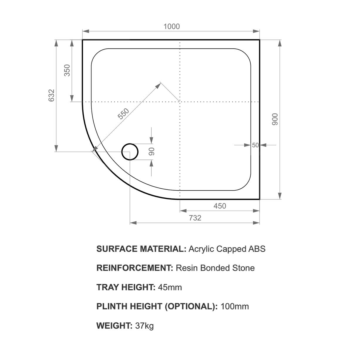 Kudos K Stone Slimline Offset Quadrant Shower Tray White 1000 X 900mm