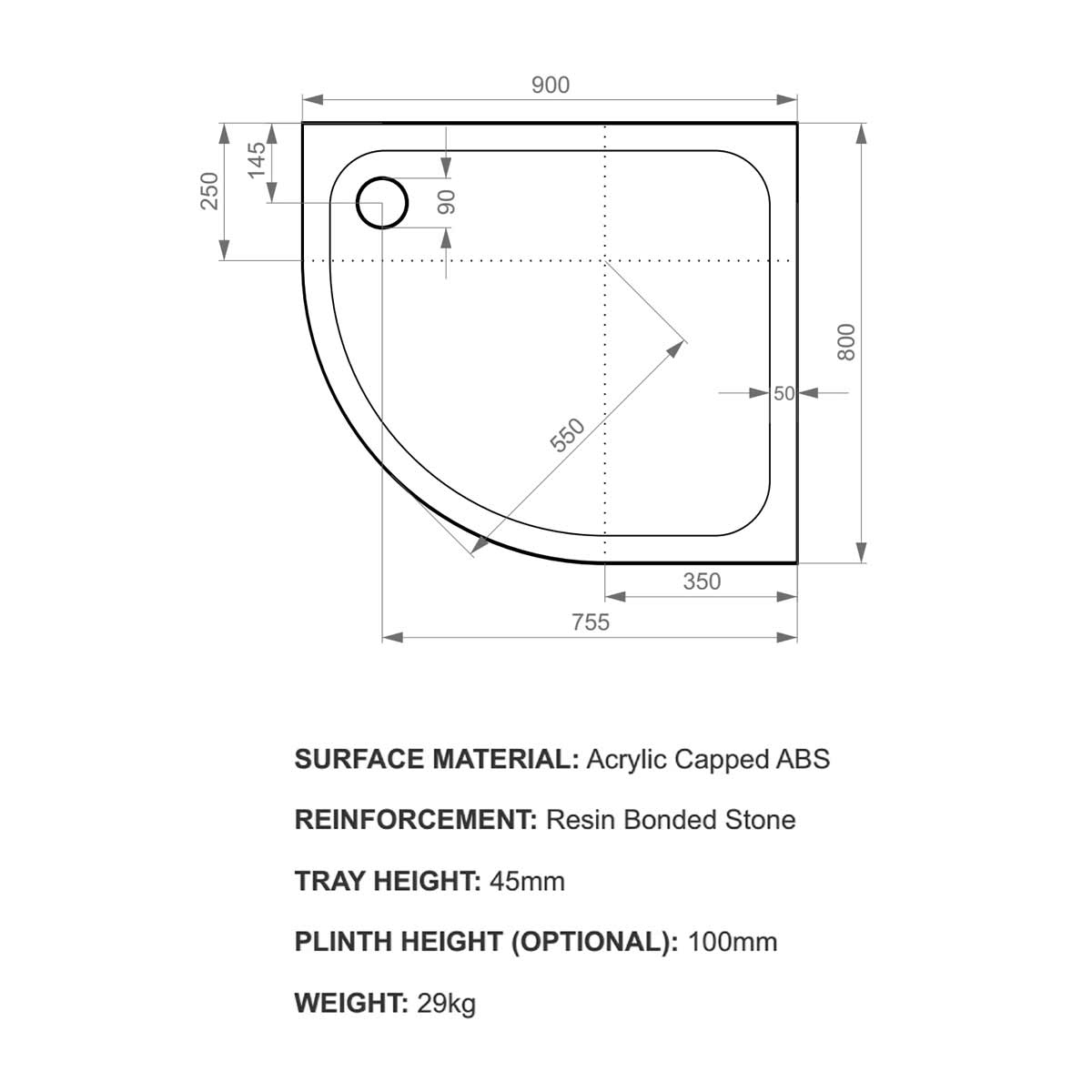 K Stone Slimline Offset Quadrant Shower Tray White 900 x 800mm Right Hand