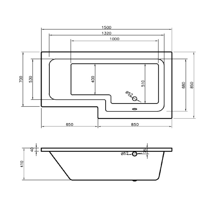 Leda L Shape Left Hand Shower Bath 1500 X 850