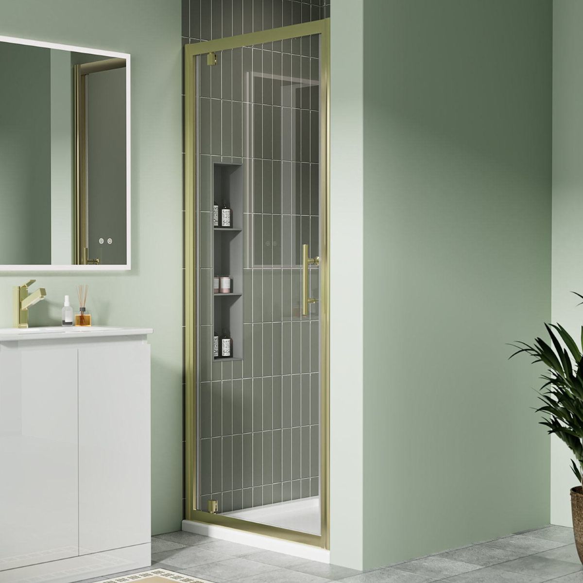 Coral 6mm Brushed Brass Pivot Shower Door with Optional Side Panel & Tray