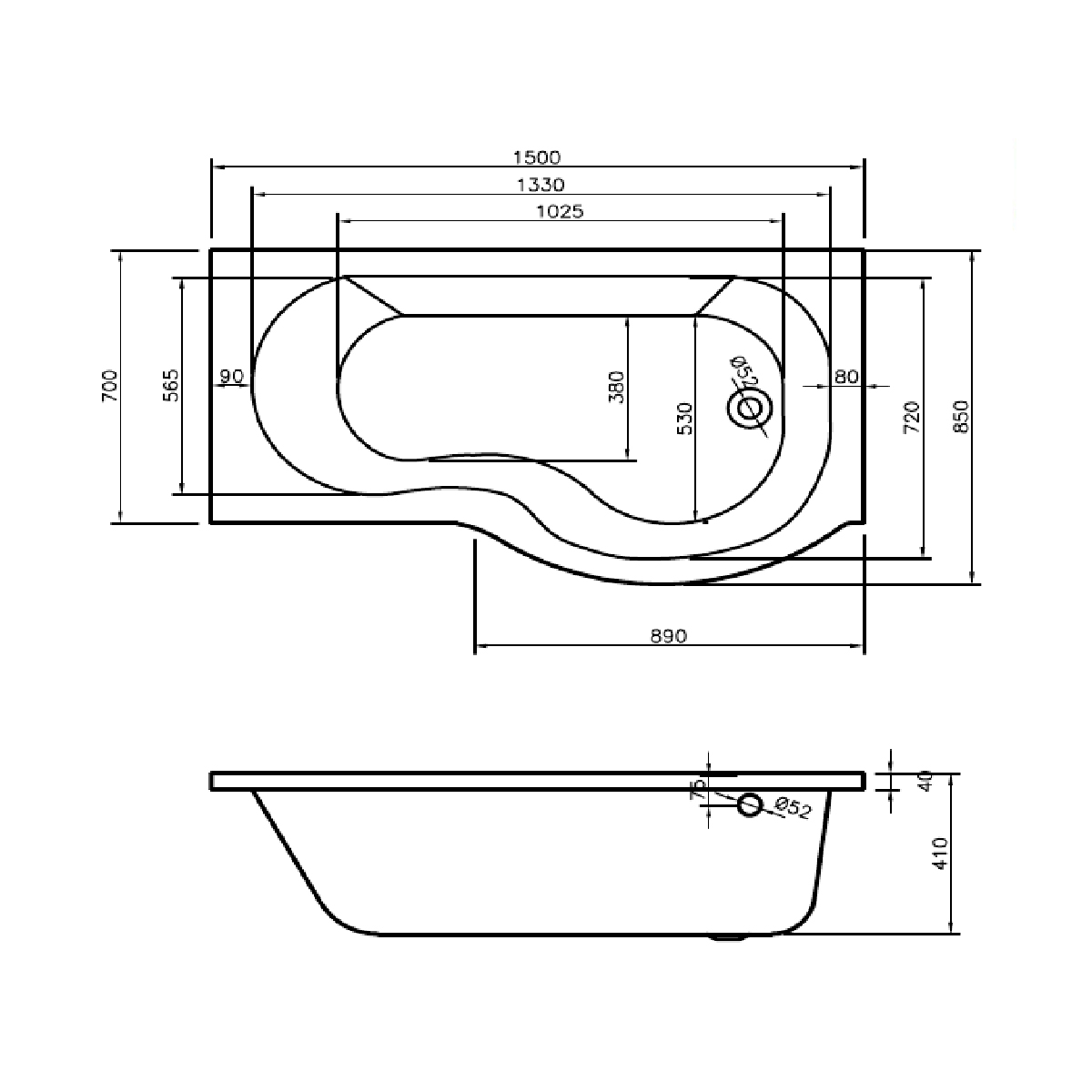 Prymo | P Shape Right Hand | Shower Bath | 1500 x 850