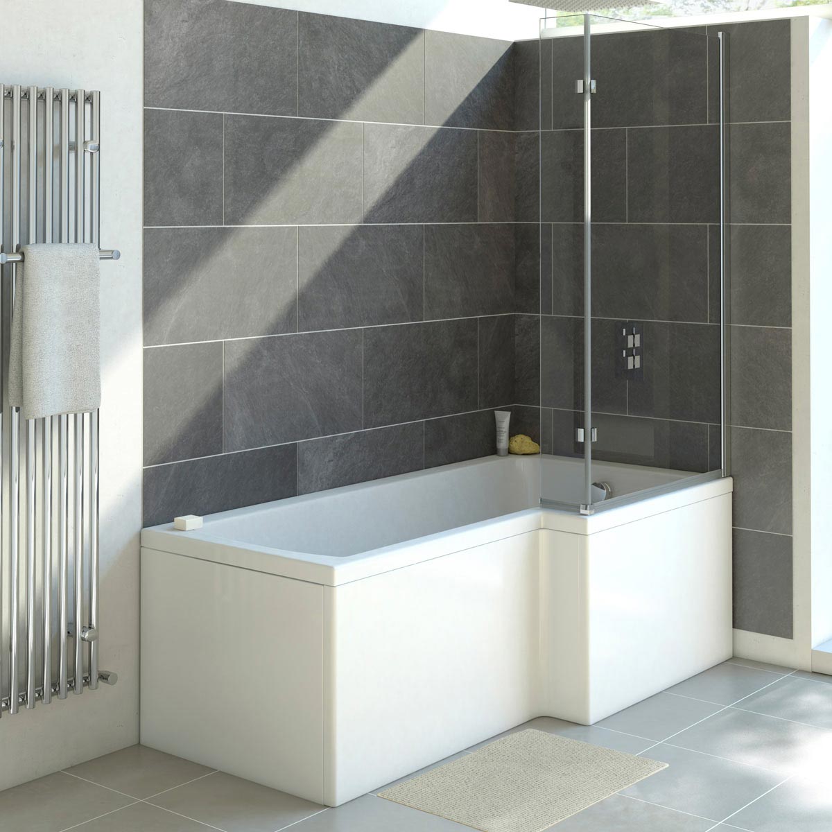 Trojancast Solarna Reinforced L Shape Shower Bath 1700 x 850 with Panel ...