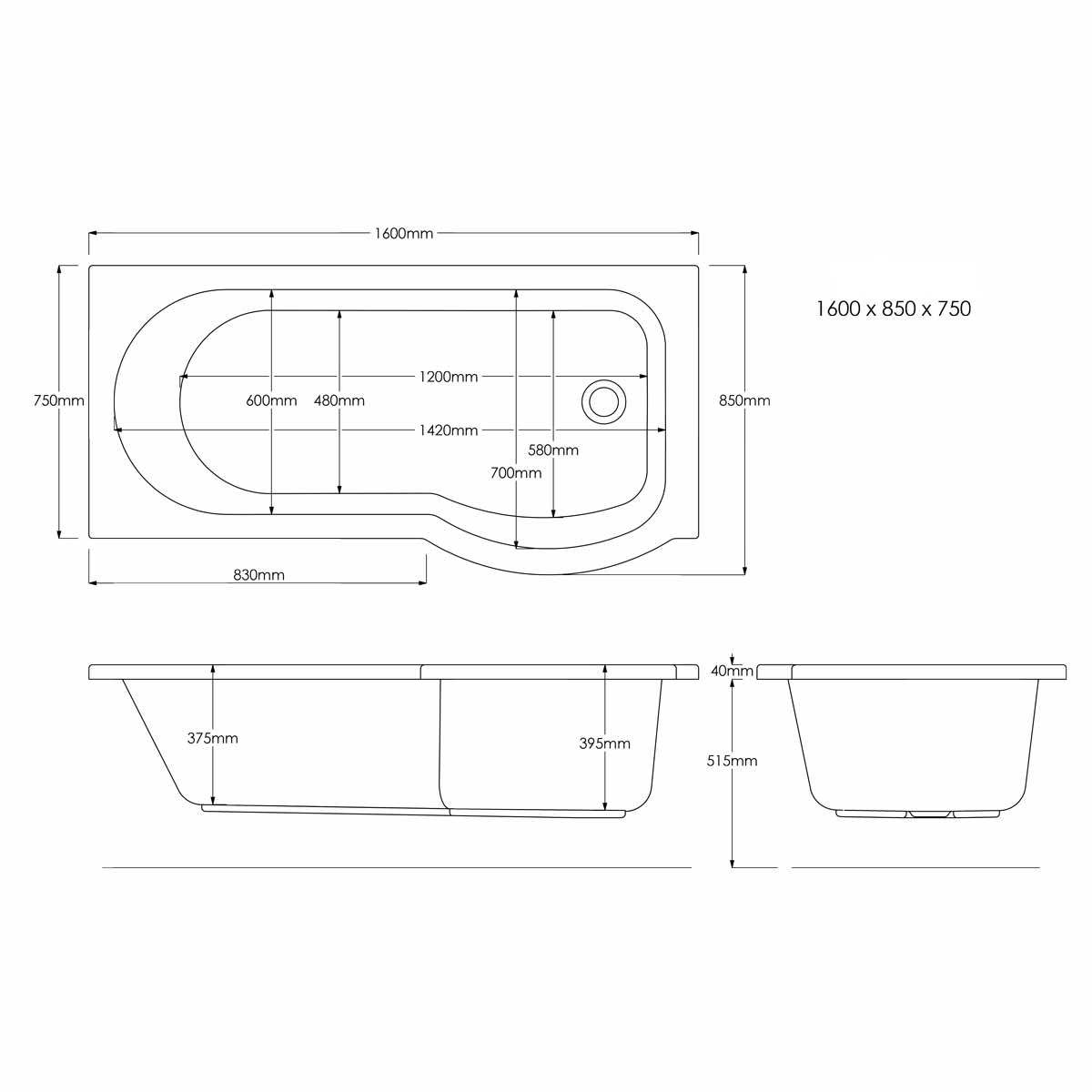 Trojan Concert Reinforced | P Shape | Shower Bath | 1600 x 850