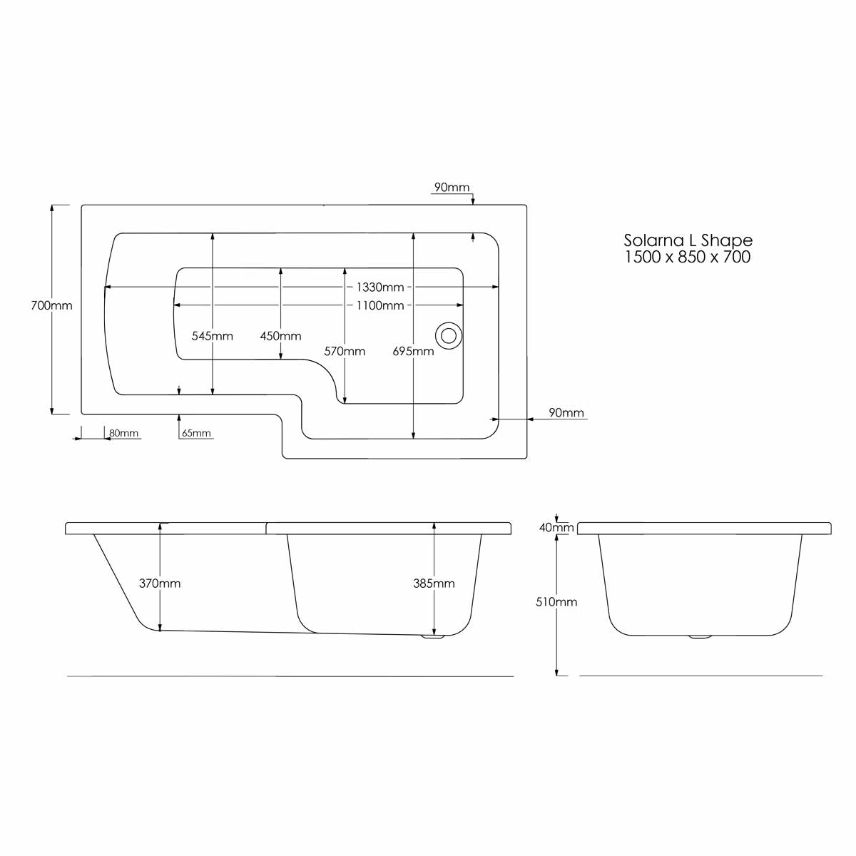 Trojan Solarna | L Shape Shower Bath | 1500 x 850