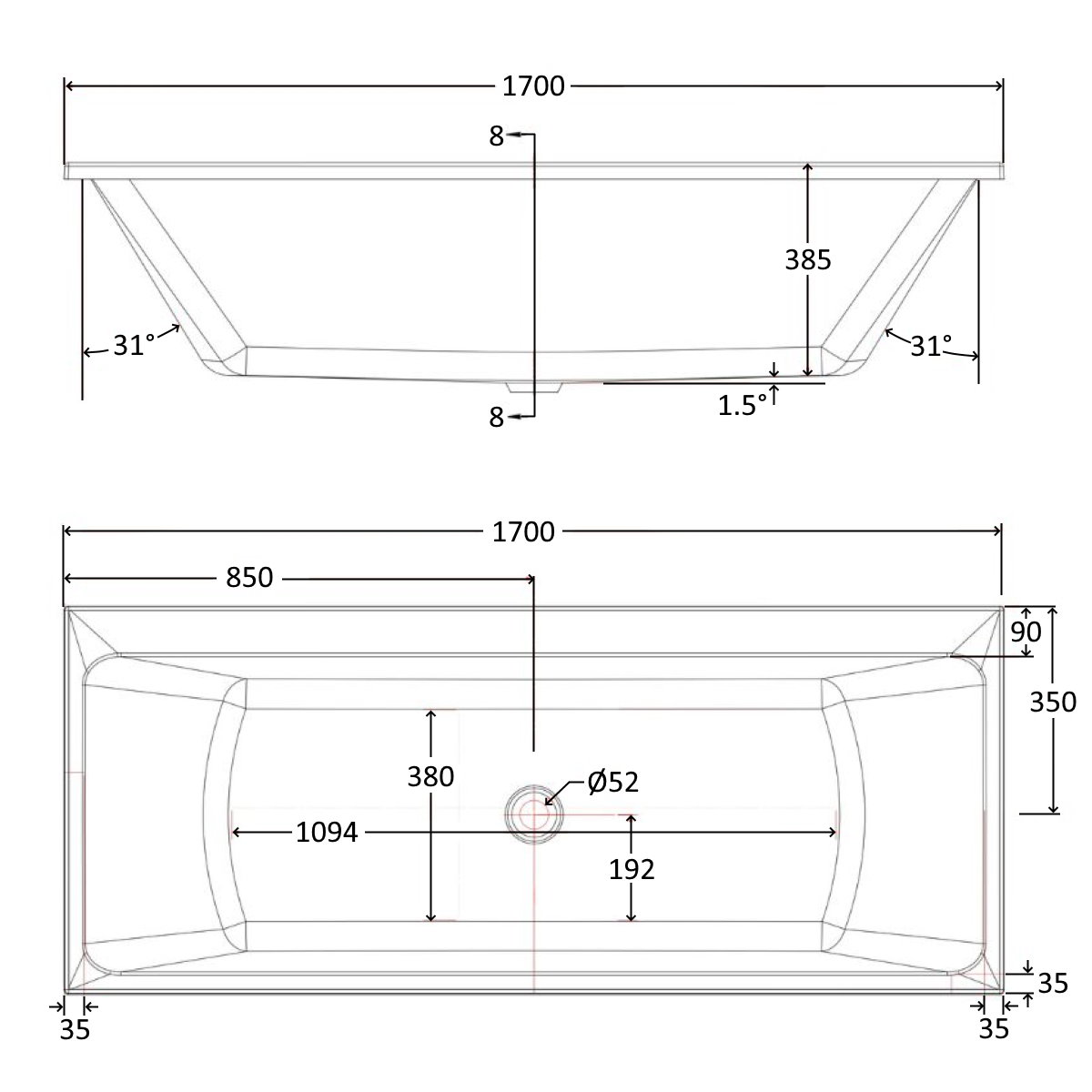 Trojancast Elite Edge Reinforced | 1700 x 700 | Double Ended Bath